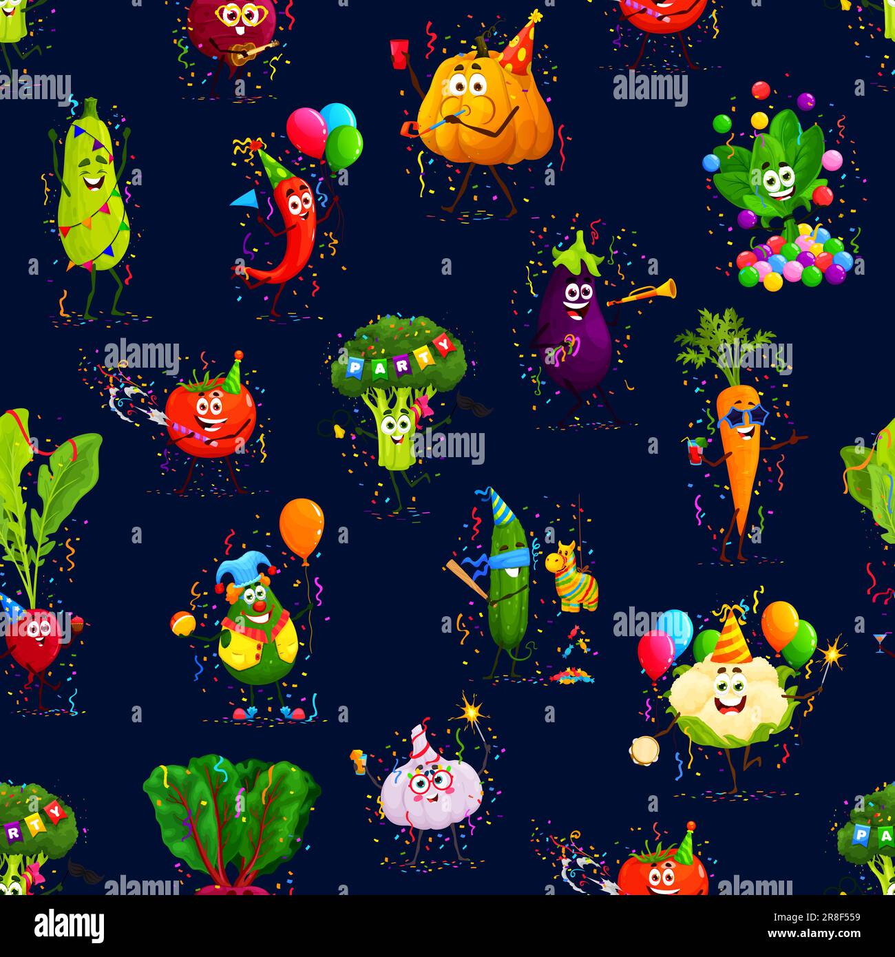 Cartoon funny vegetable characters on birthday holiday, seamless ...