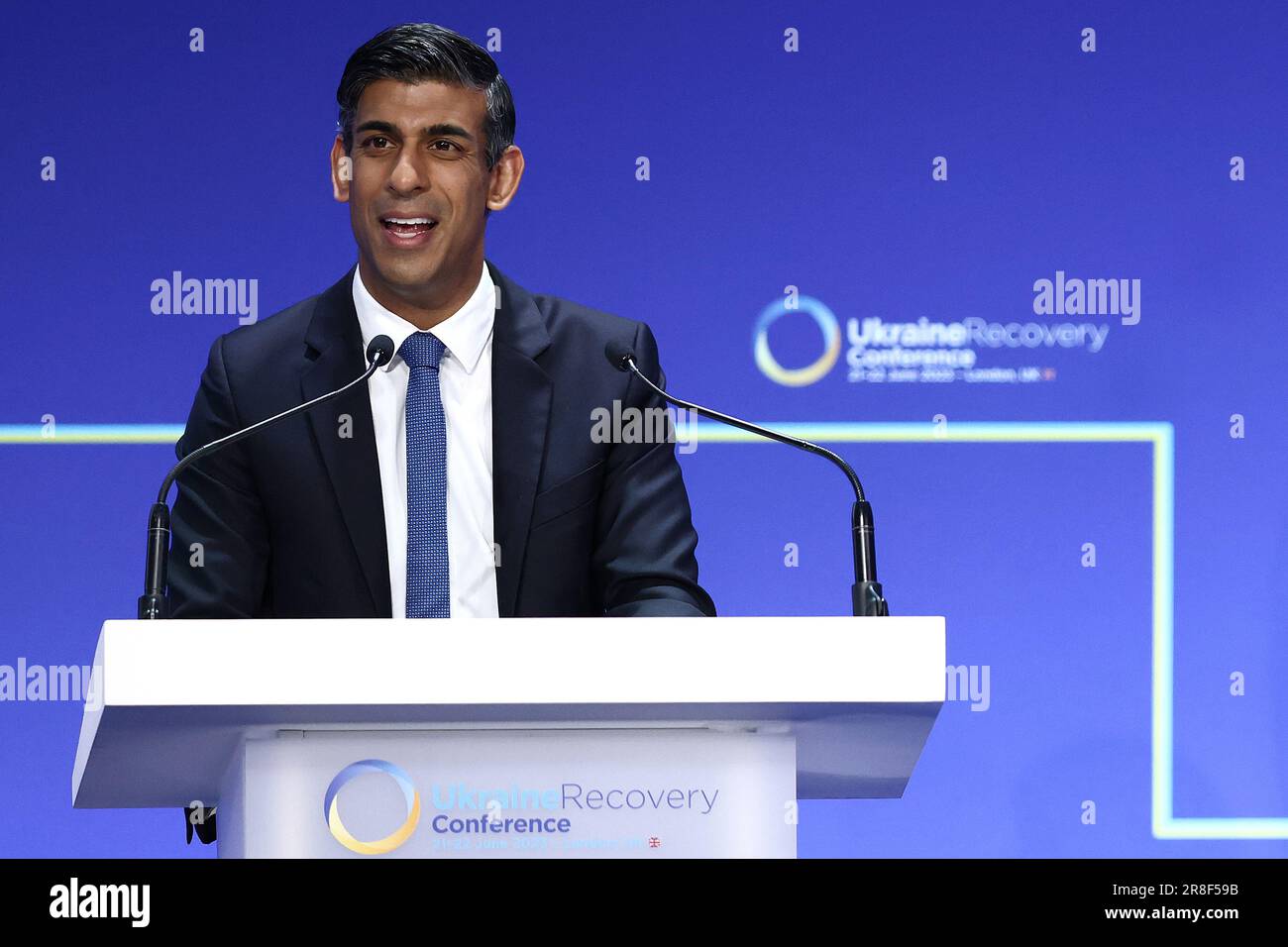 Prime Minister Rishi Sunak delivers a speech at the opening session on the first day of the ...