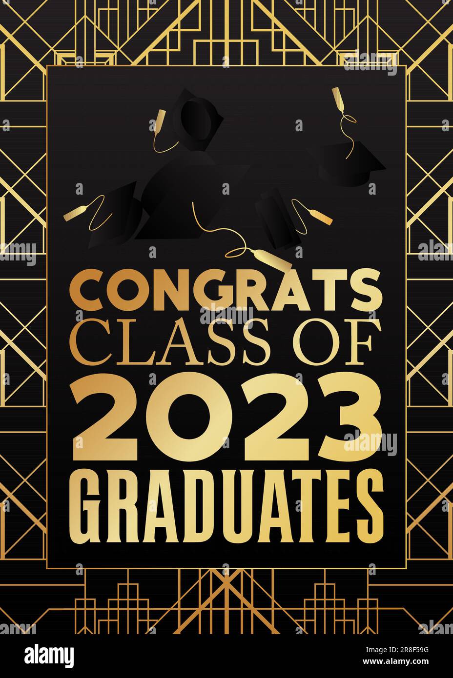 Black and gold class of 2023 Graduation design template. Vintage party ...