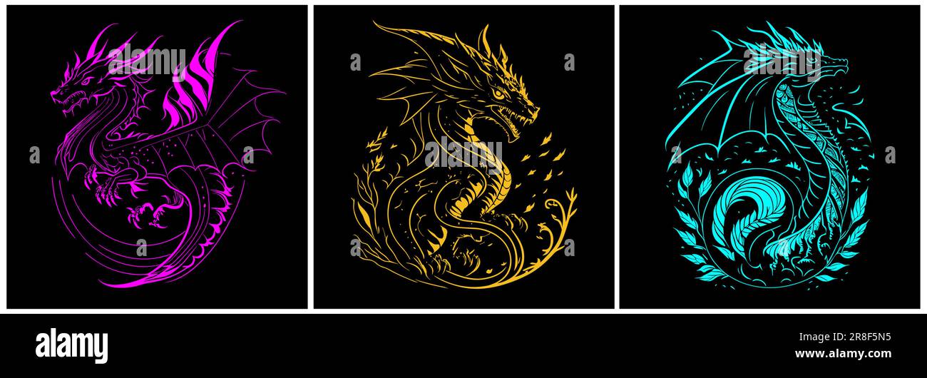 Japanese dragons neon set vector art illustrations Stock Vector Image ...