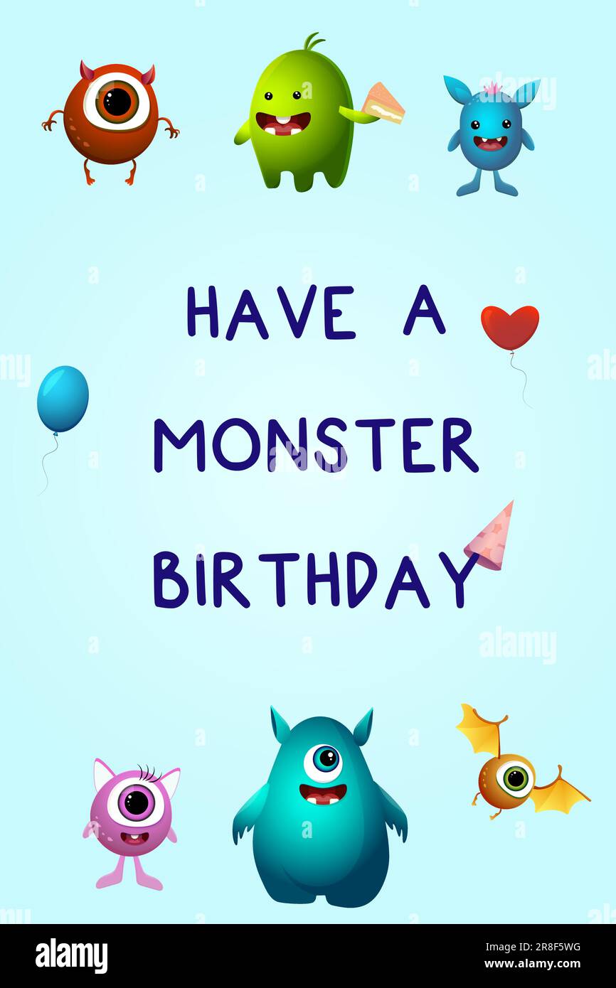 Postcard with cute monsters with a birthday inscription. Card design ...