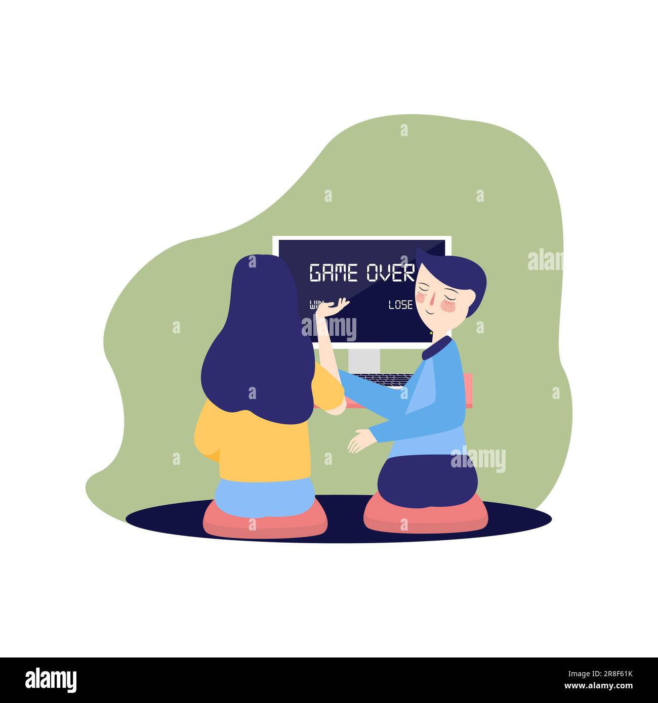 boy and girl sitting playing game computer internet technology ...