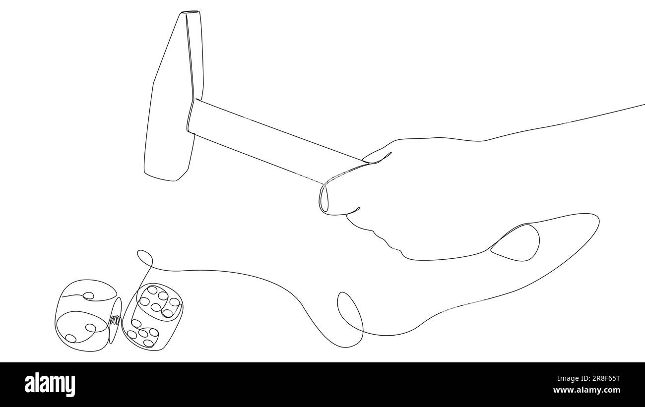 One Continuous Line Of Hammer And Dice Thin Line Illustration Vector Concept Contour Drawing