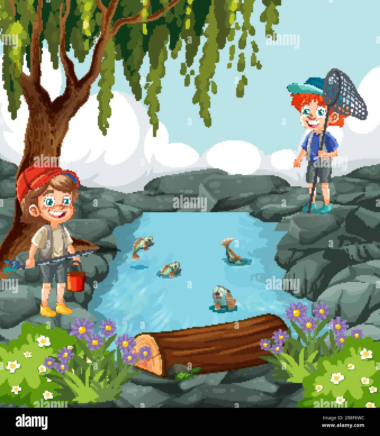 Kids Cartoon Characters Exploring Pond in Forest Scene illustration ...