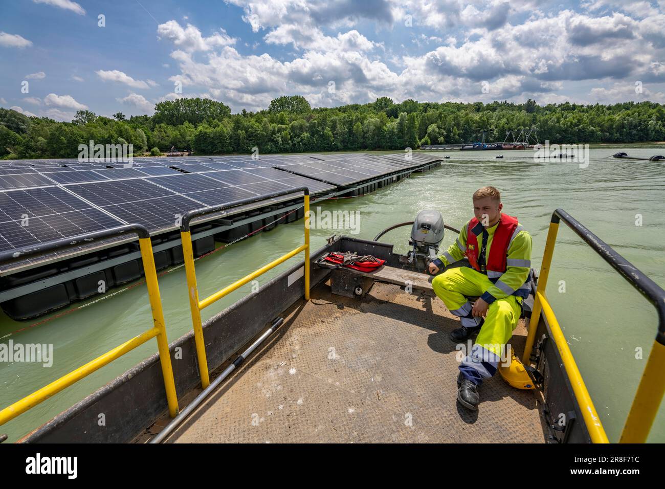 Germany's largest floating solar power plant on the Silbersee III, a ...