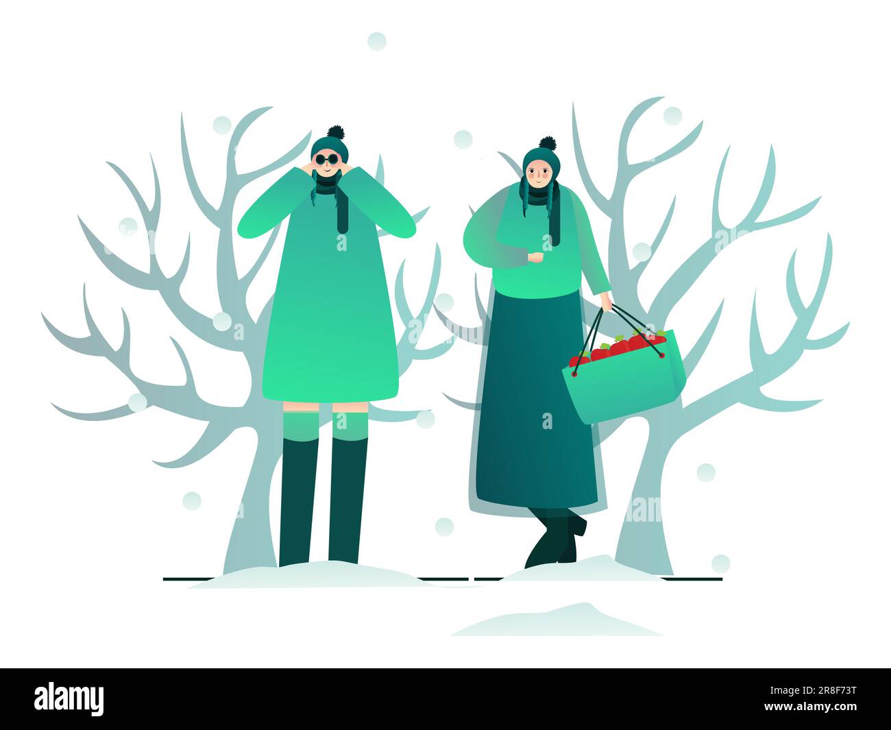 winter cold season and two young beautiful girls happy adventure trip ...