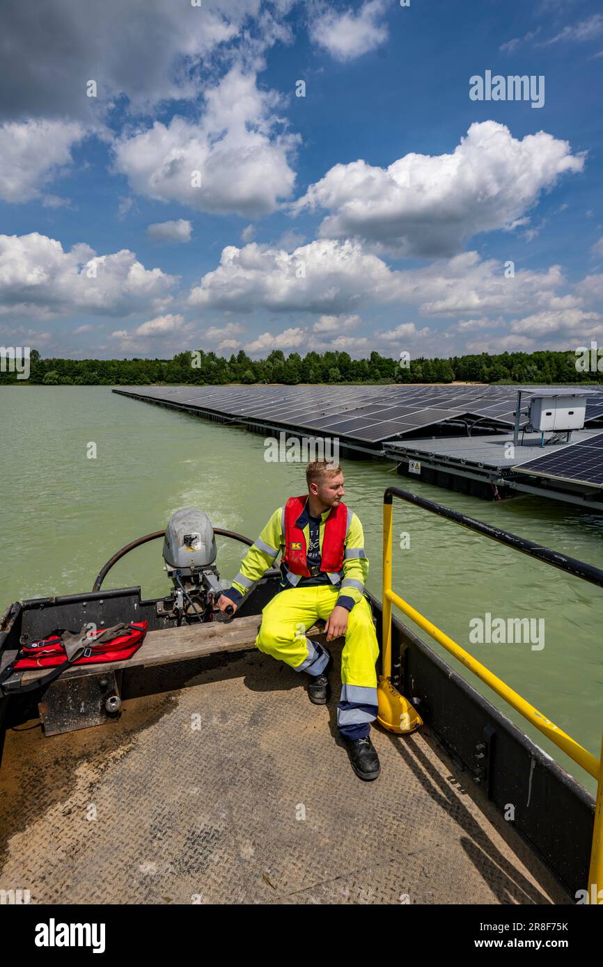 Germany's largest floating solar power plant on the Silbersee III, a ...