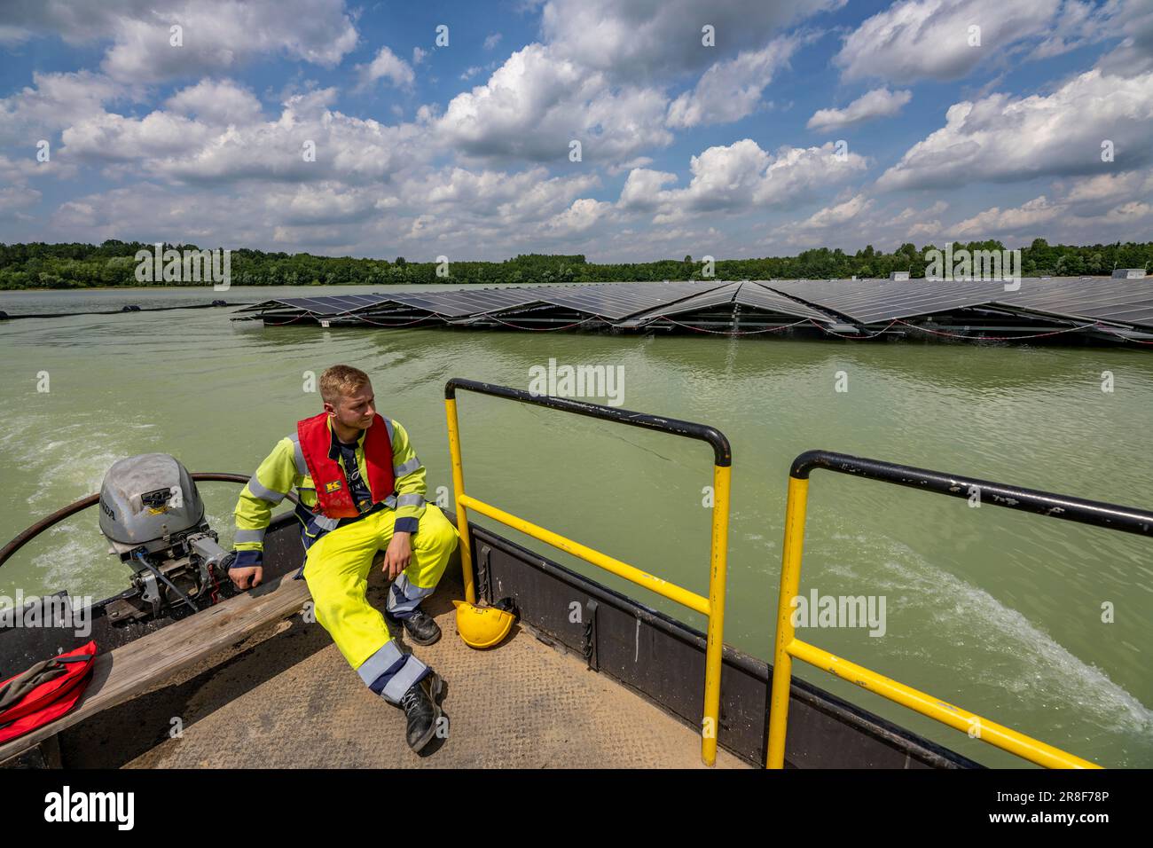 Germany's largest floating solar power plant on the Silbersee III, a ...