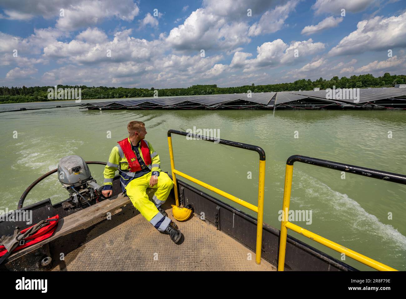 Germany's largest floating solar power plant on the Silbersee III, a ...