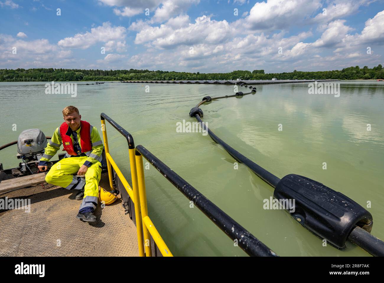 Germany's largest floating solar power plant on the Silbersee III, a ...