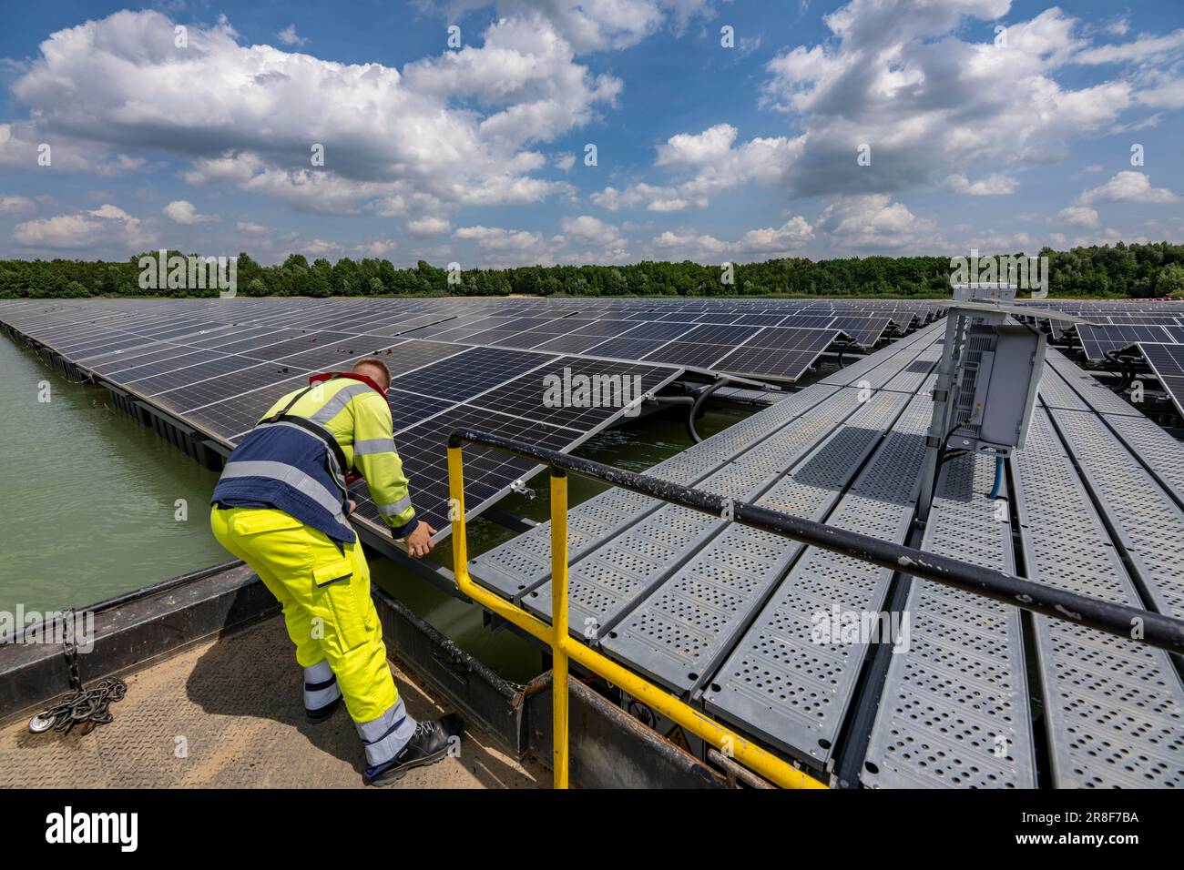 Germany's largest floating solar power plant on the Silbersee III, a ...