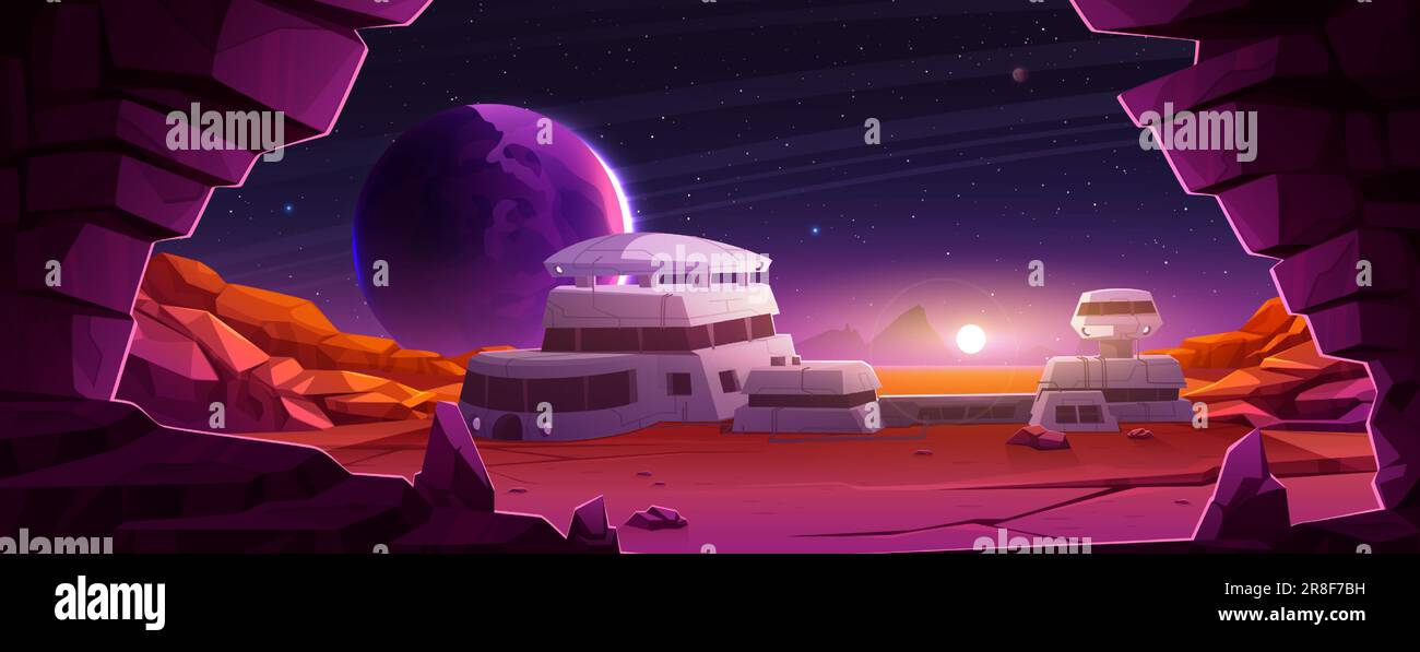 Sunset on alien planet space colony station. Mars observatory base ...
