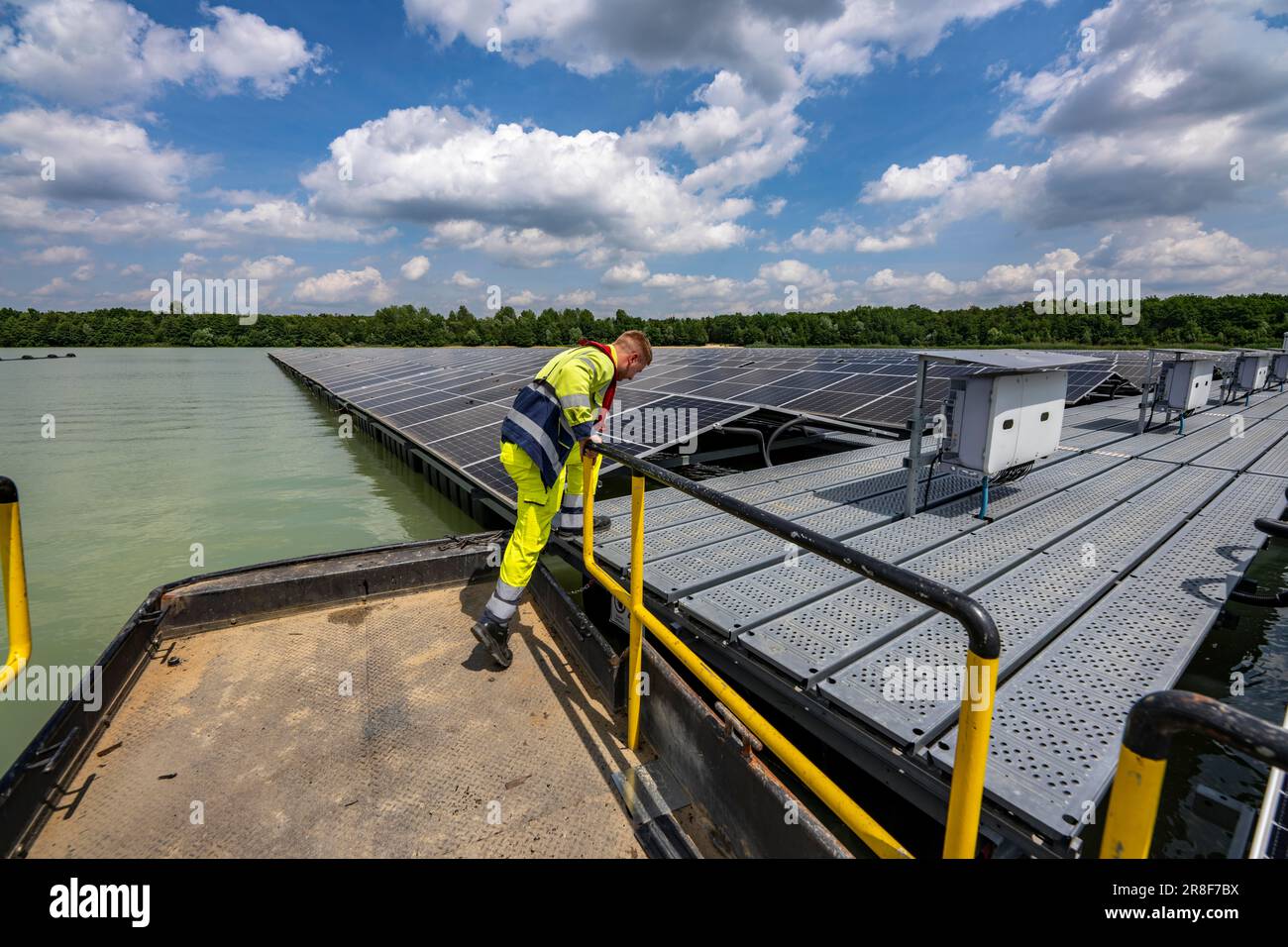 Germany's largest floating solar power plant on the Silbersee III, a ...
