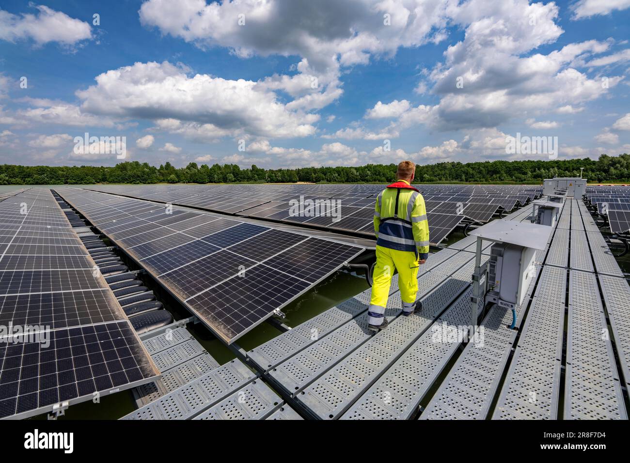 Germany's largest floating solar power plant on the Silbersee III, a ...