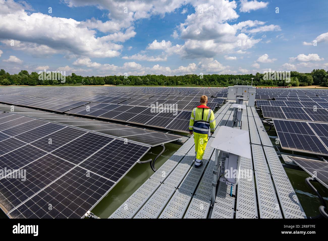 Germany's largest floating solar power plant on the Silbersee III, a ...