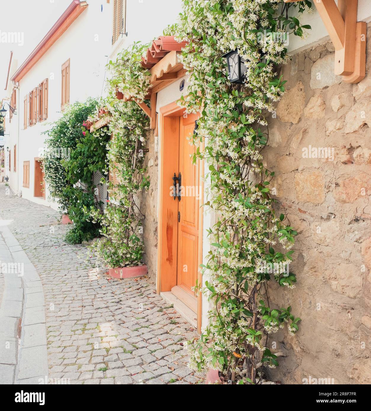 Sigacik streets, flowery colorful doors, seaside town, quiet summer ...