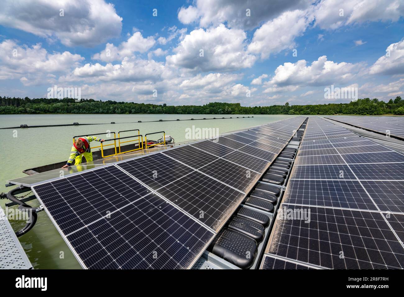 Germany's largest floating solar power plant on the Silbersee III, a ...