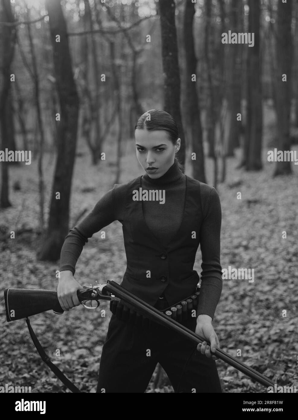 woman with weapon. Target shot. successful hunt. hunting sport ...