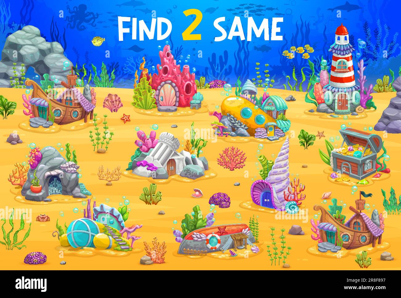 Find two same cartoon fairytale underwater house buildings. Same ...