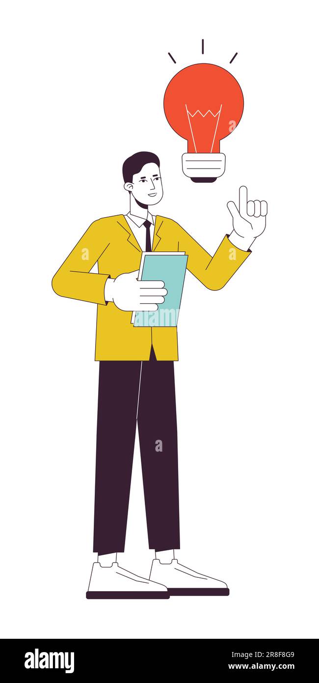 Asian office worker eureka idea flat line concept vector spot ...