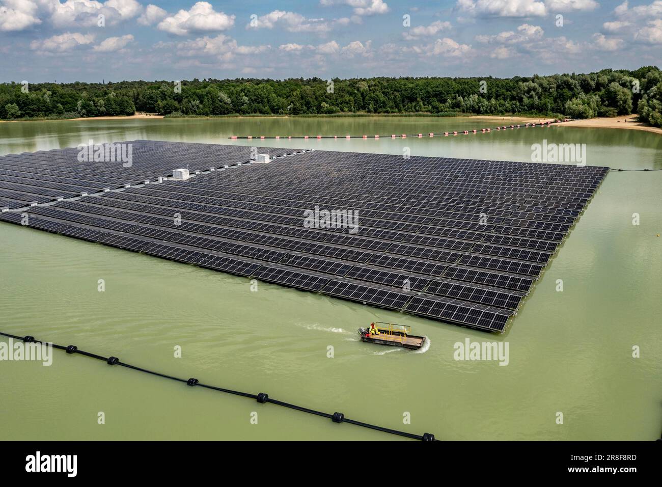 Germany's largest floating solar power plant on the Silbersee III, a ...