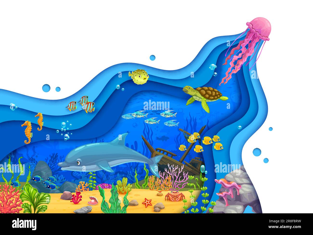 Cartoon underwater sea paper cut landscape. Jellyfish, dolphin, turtle ...