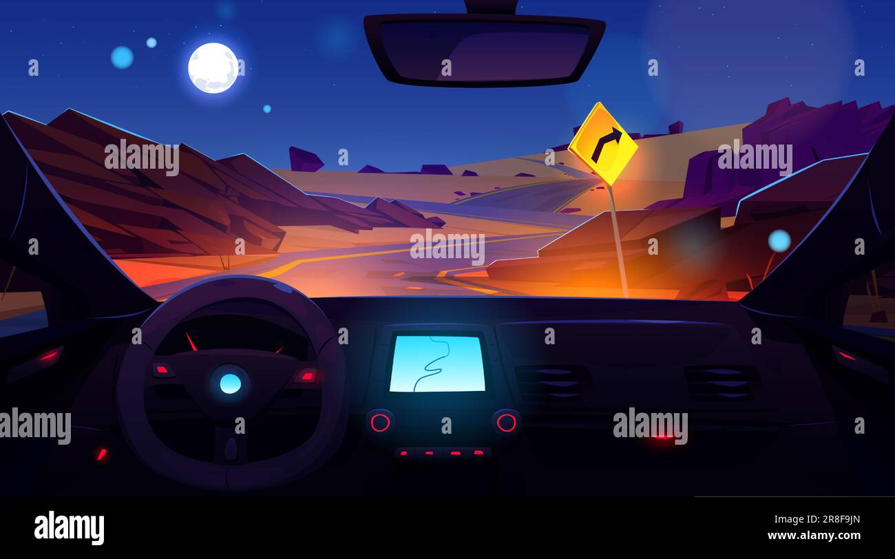 Car driver view of night desert highway. Vector cartoon illustration of ...