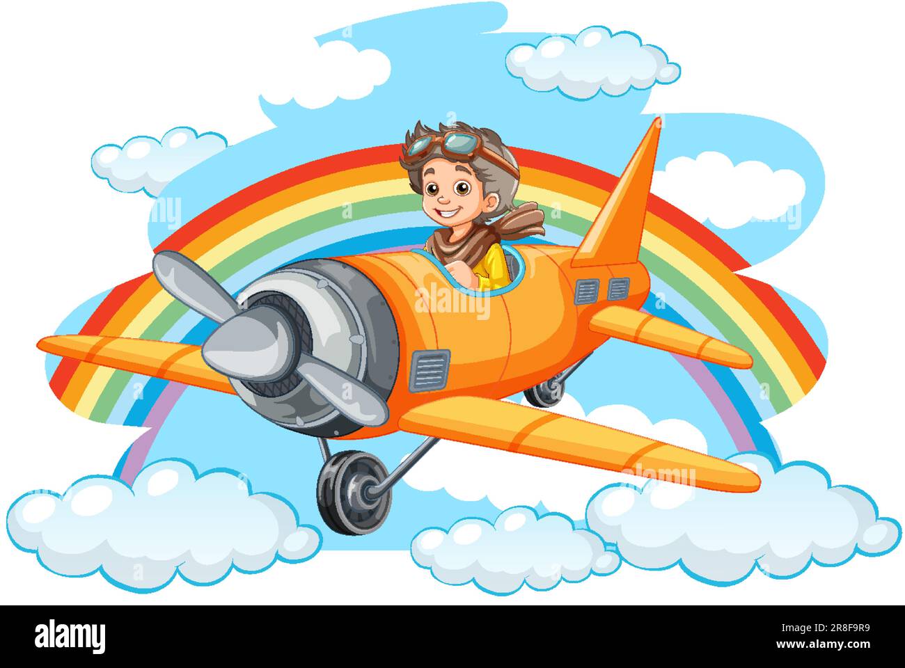 Happy Boy Riding Plane with Rainbow in the Sky illustration Stock ...