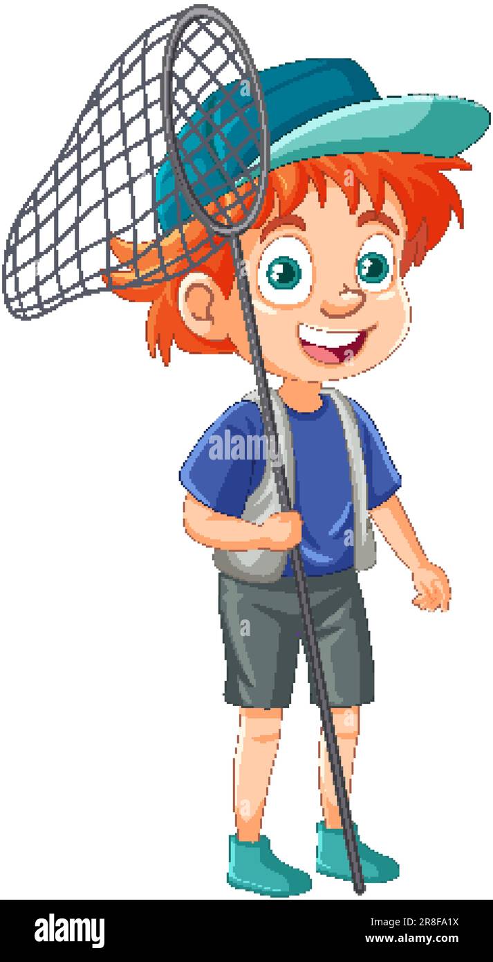 A boy holding net cartoon character illustration Stock Vector Image ...