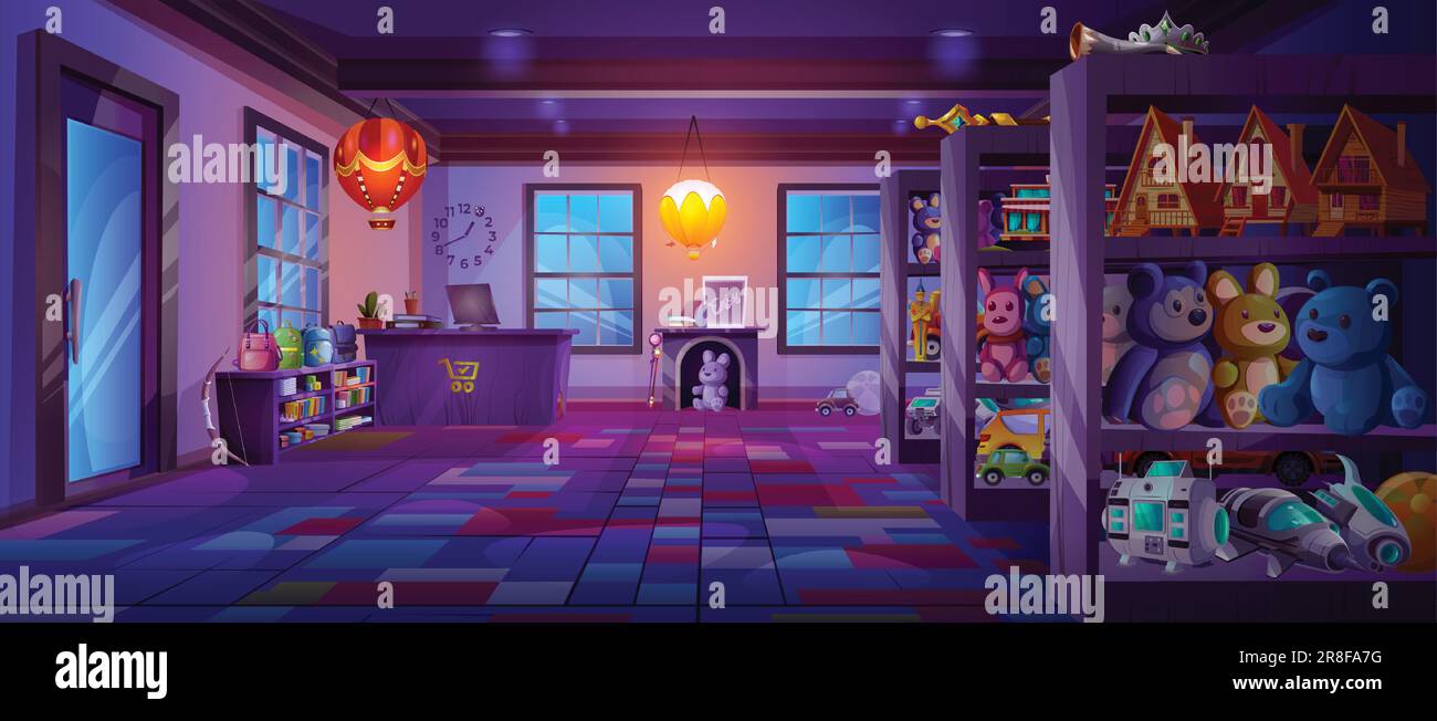 Cartoon toy shop with furniture and goods on shelves at night. Vector ...