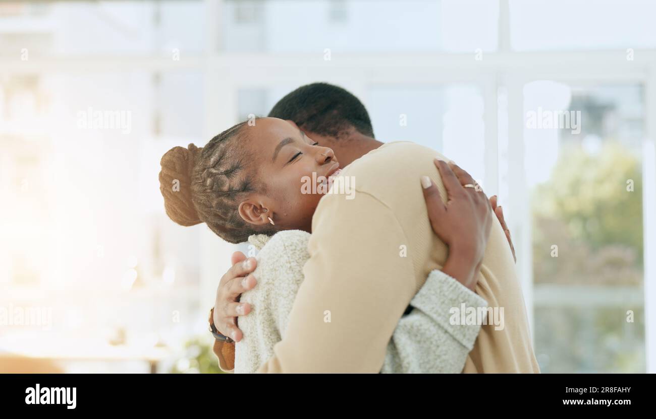 Black couple, dance together and hug in home with conversation, care ...