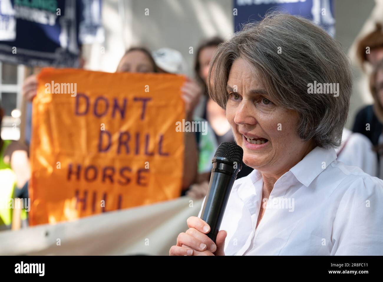 London, UK. 21 June, 2023. Campaigner Sarah Finch addresses a rally at ...