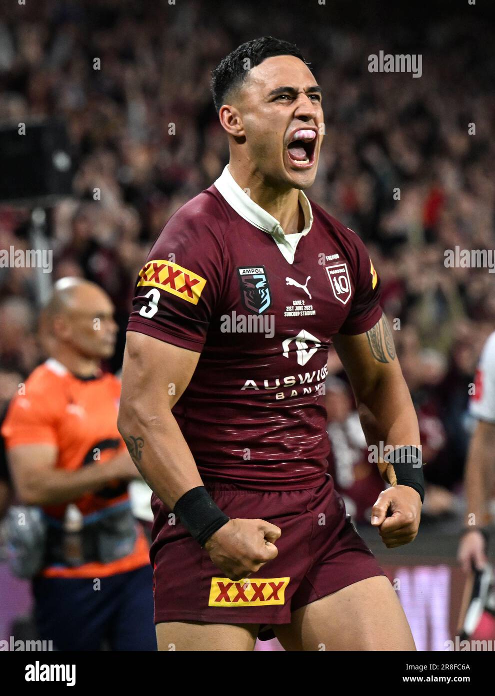 Brisbane, Australia. 21st June, 2023. Valentine Holmes of the Maroons ...