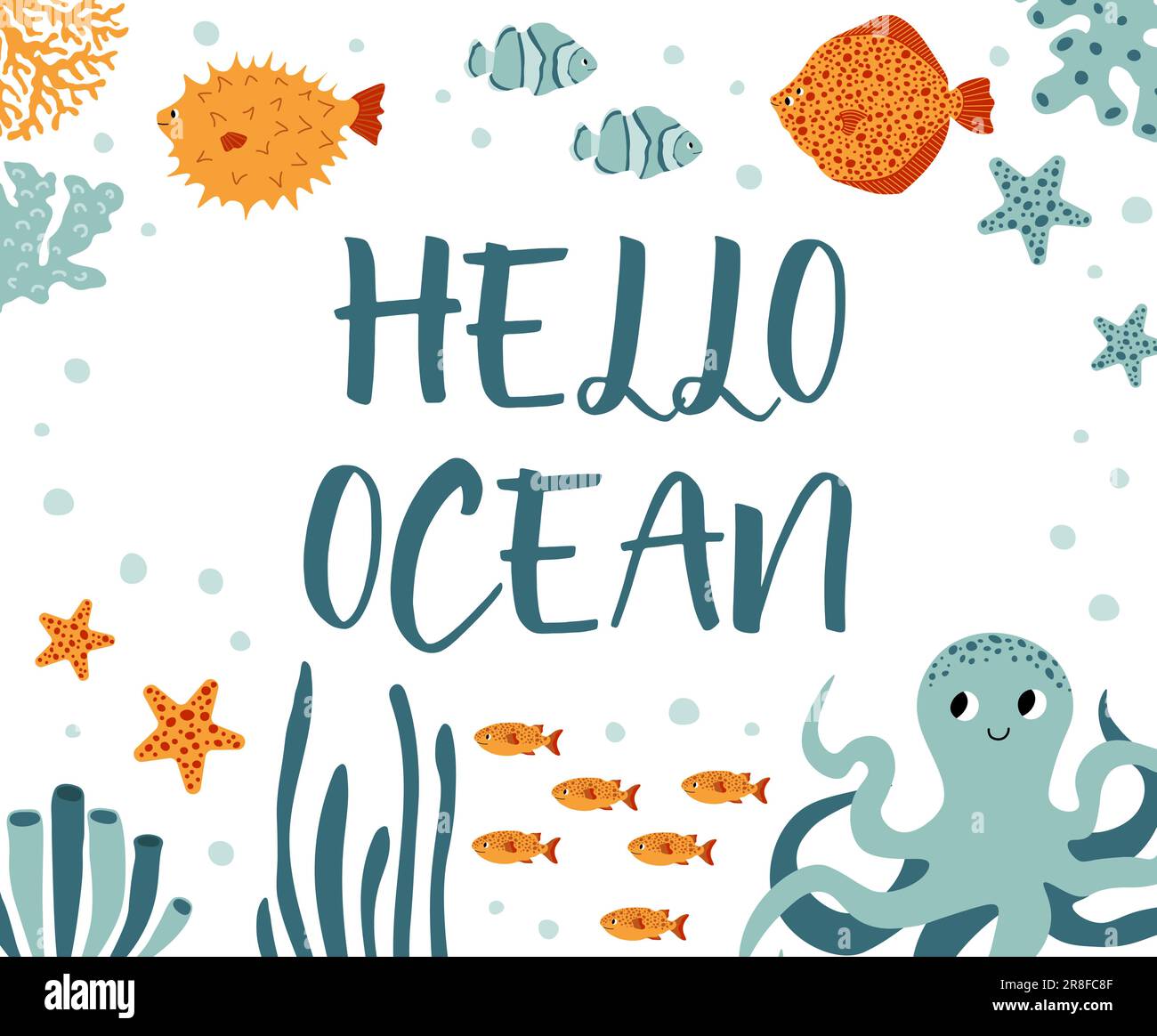 Vector ocean illustration with octopus,flounder,clown fish,starfish ...