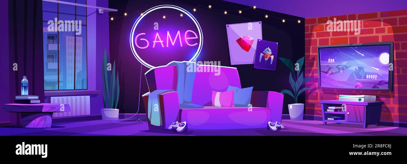 Gamer tournament night cartoon illustration vector. Streamer room ...