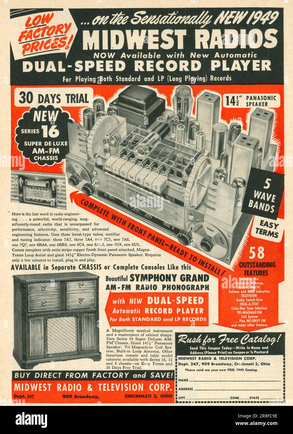 Midwest radios, dual-speed record player advert in a magazine 1949 ...