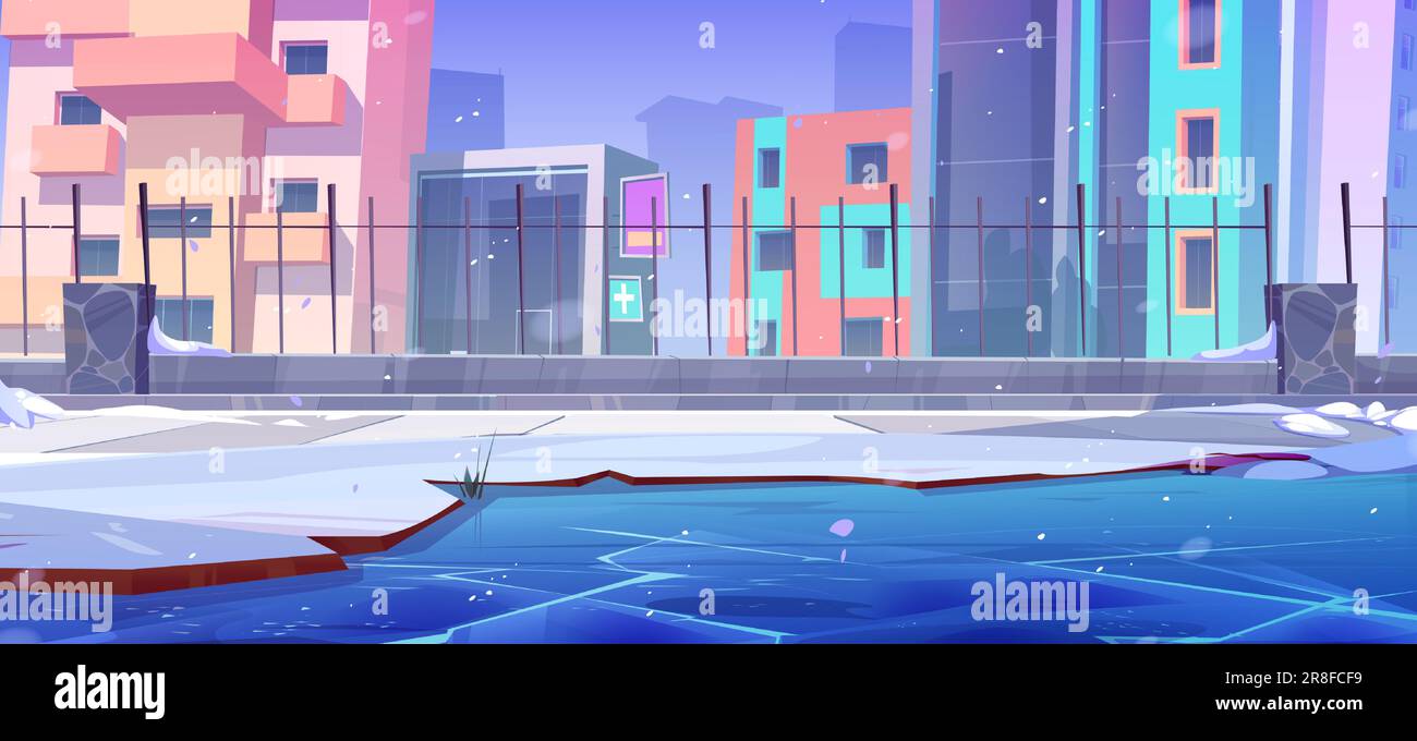 Winter city park with frozen lake landscape scene. Snow and ice in ...