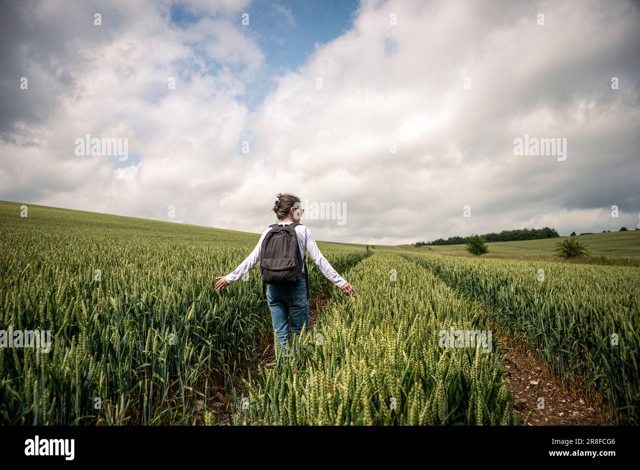 Woman walking through wheat field, getting away from it all Stock Photo ...