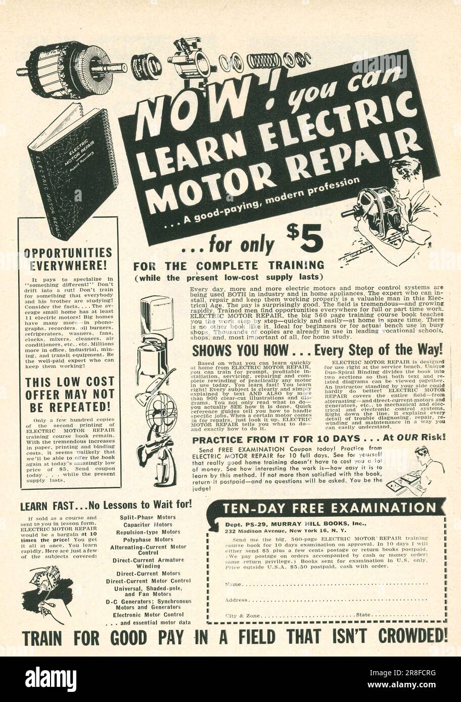 Learn electric motor repair for $5 advert in a magazine 1949 Stock ...