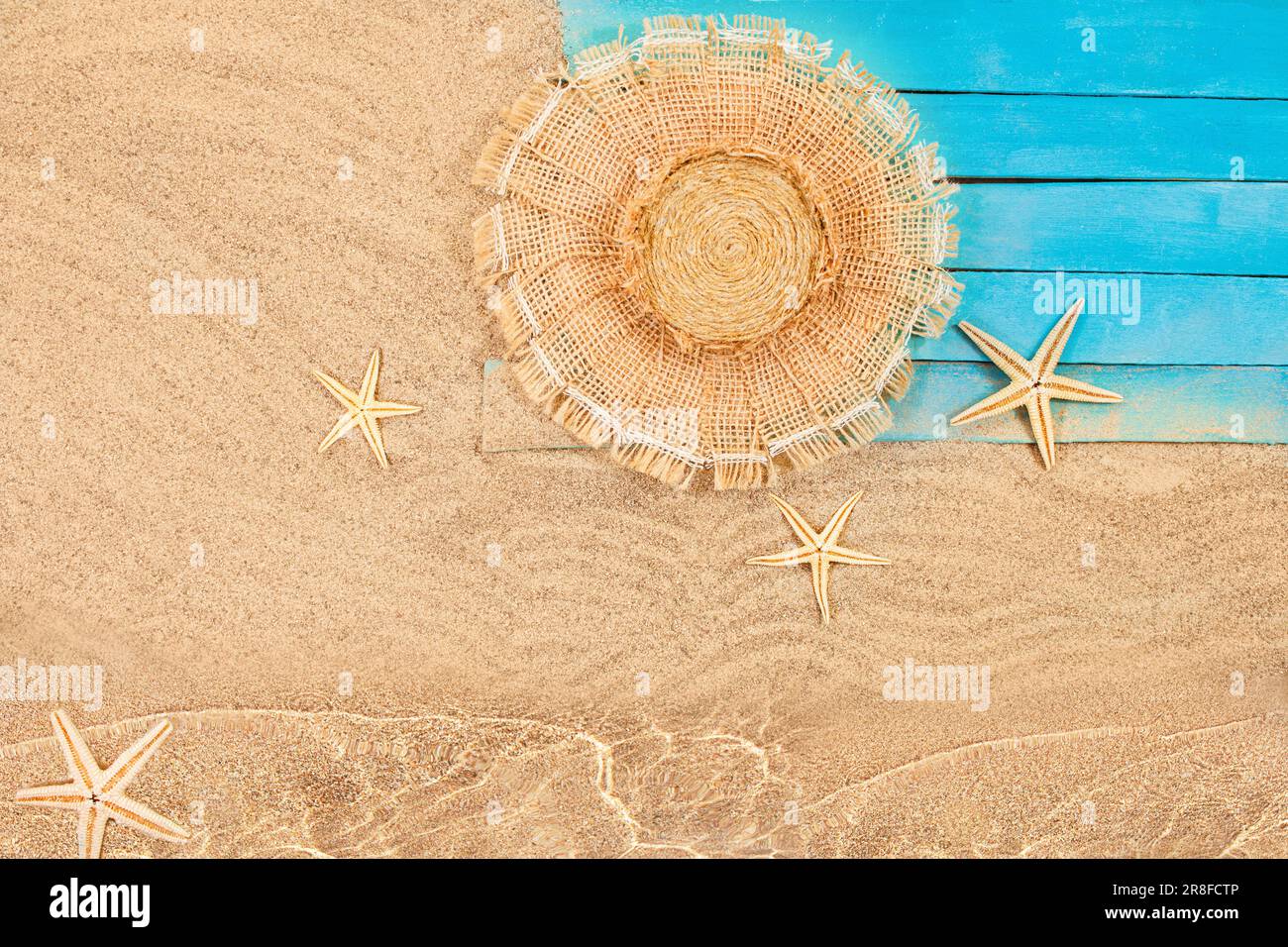 Flat lay composition with beach accessories on wooden pier by water ...