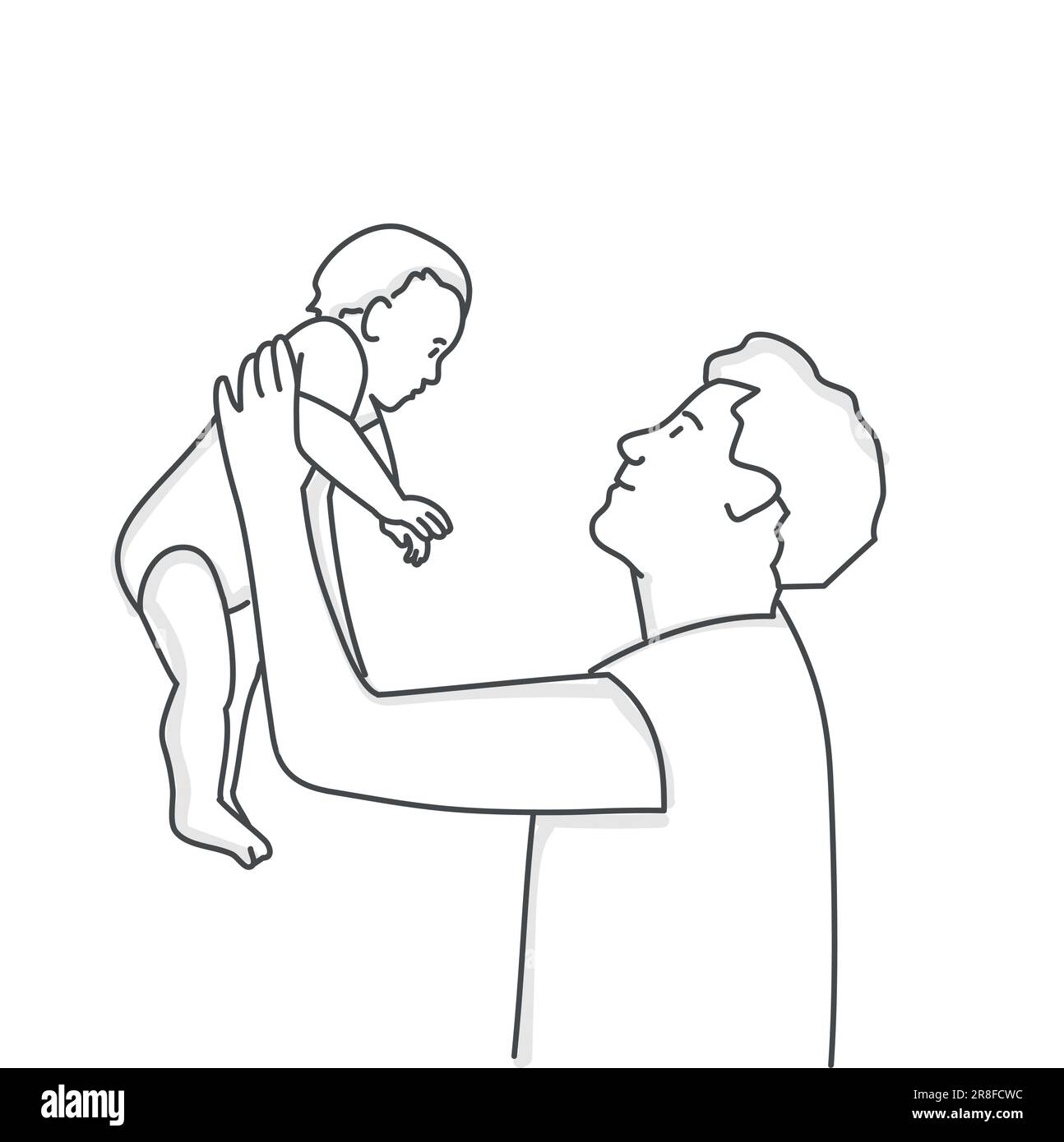 Happy father raises the child. Father's Day concept. Hand drawn vector ...