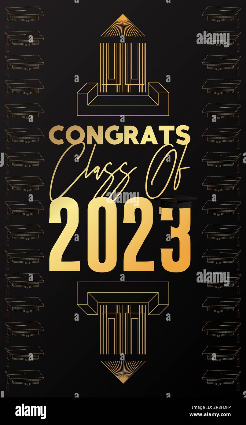 Black and gold class of 2023 Graduation design template. Vintage party ...