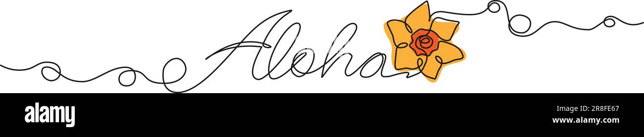 continuous single line drawing of word ALOHA with colorful flower, line ...