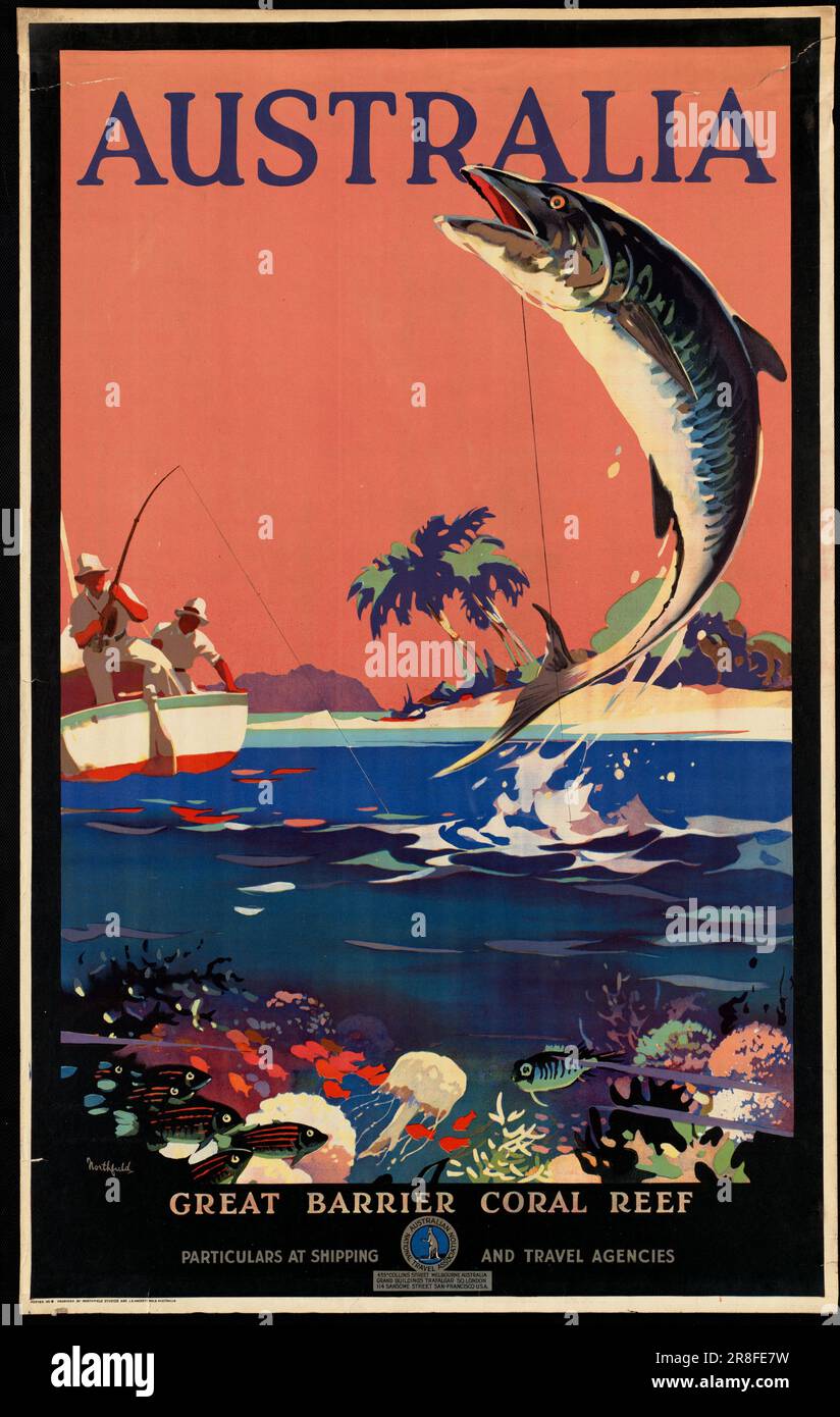 Poster shows a large fish jumping out of the water; Travel poster ...