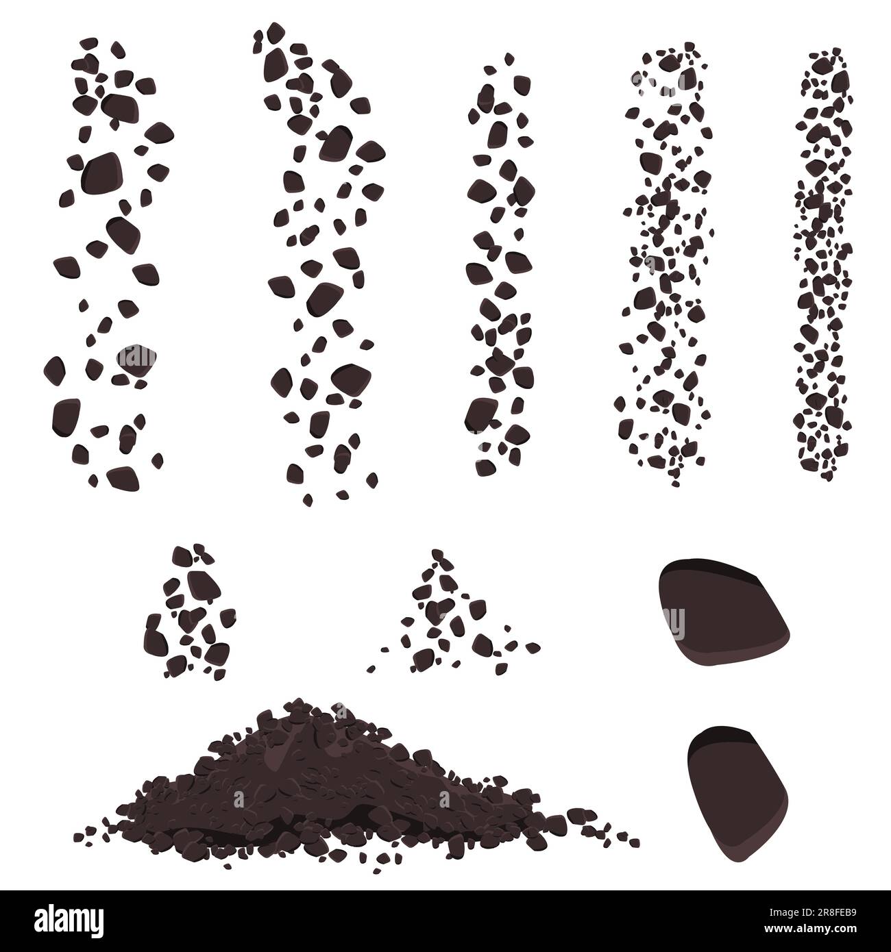 Set of falling brown stones or soil with big pile isolated on white ...