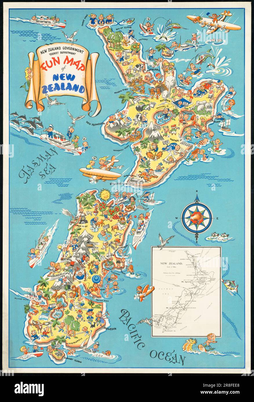 Fun map of New Zealand. Inset on recto shows railways within New ...