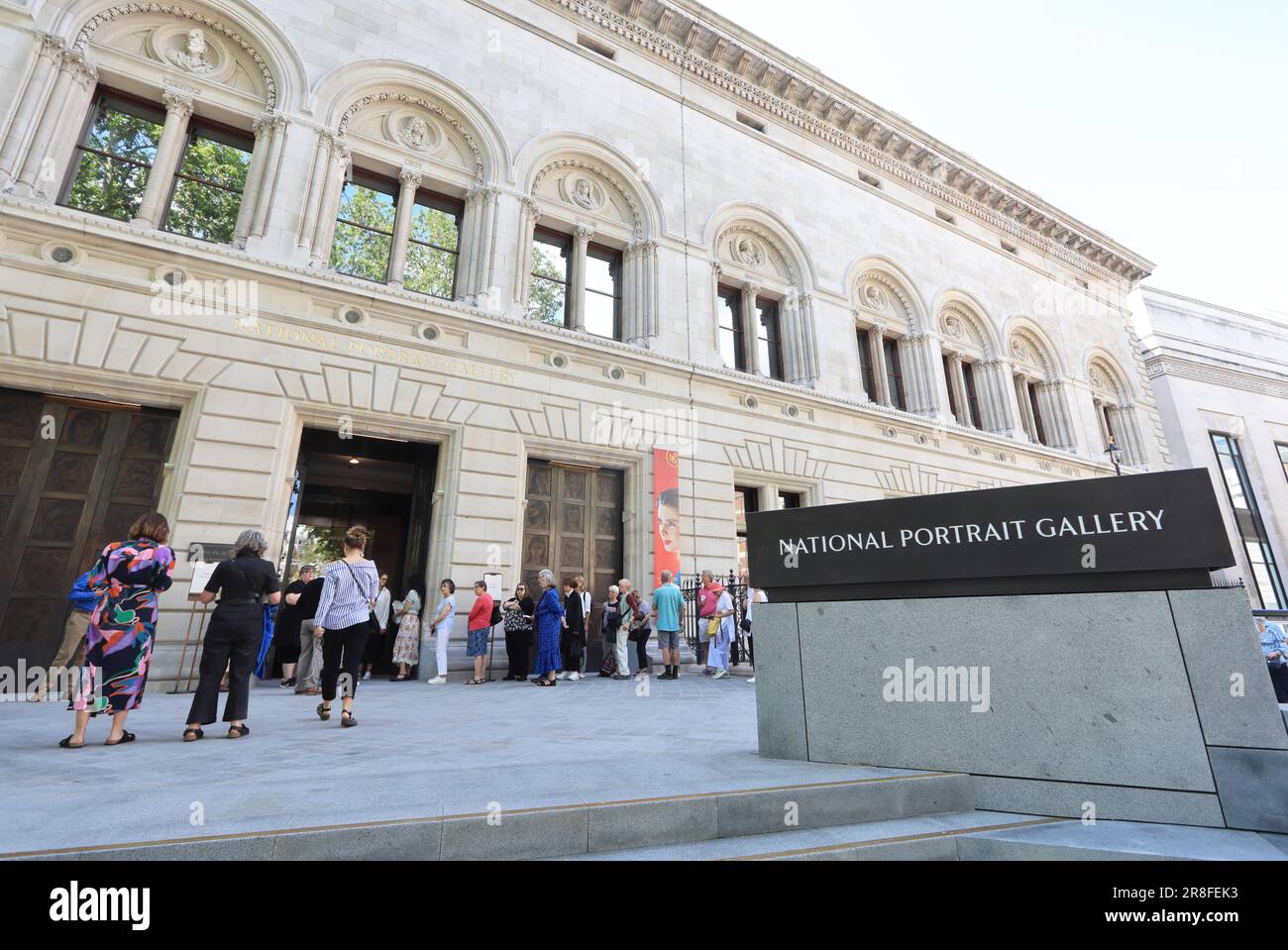 London, UK, 21st June 2023. Queues formed outside the National Portrait Gallery, reopened after ...