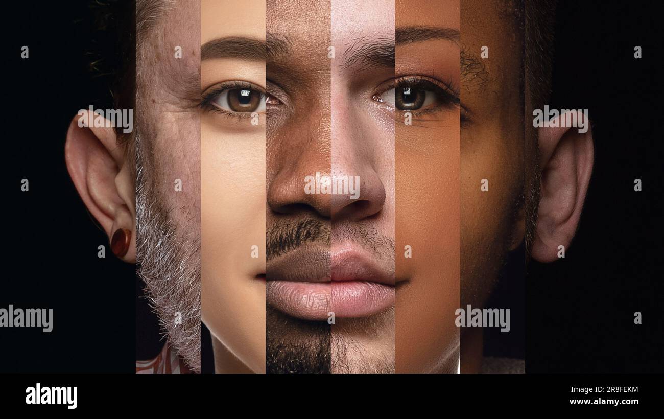 Human face made from different portrait of men and women of diverse age and race. Combination of ...