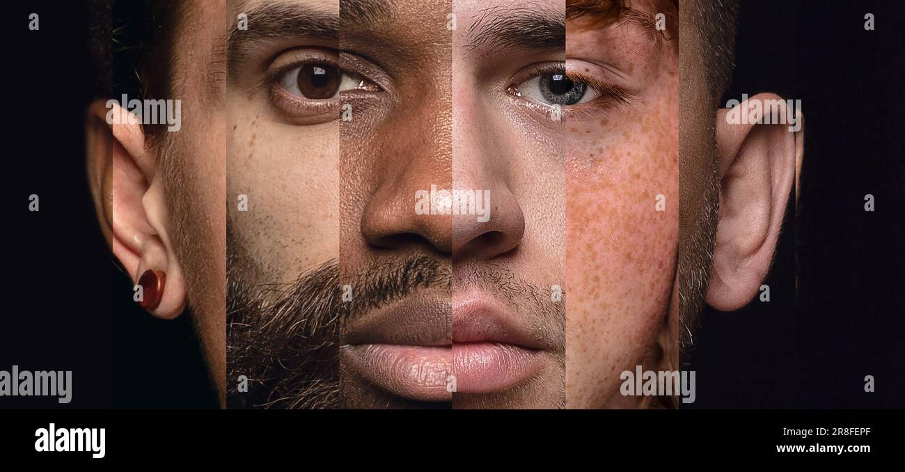 Male face made from different portrait of men of diverse age and race ...