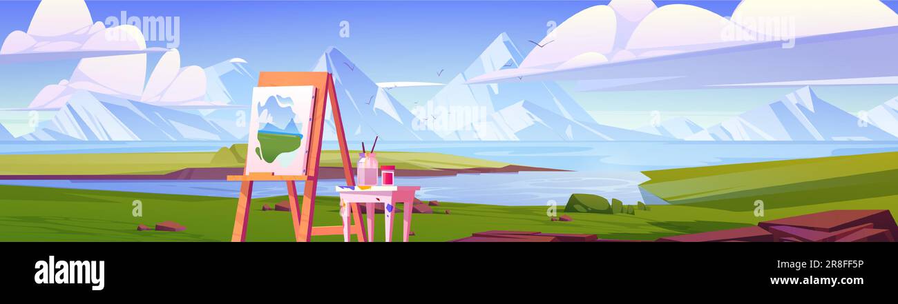 Mountain and sea landscape for drawing on easel for artist background ...